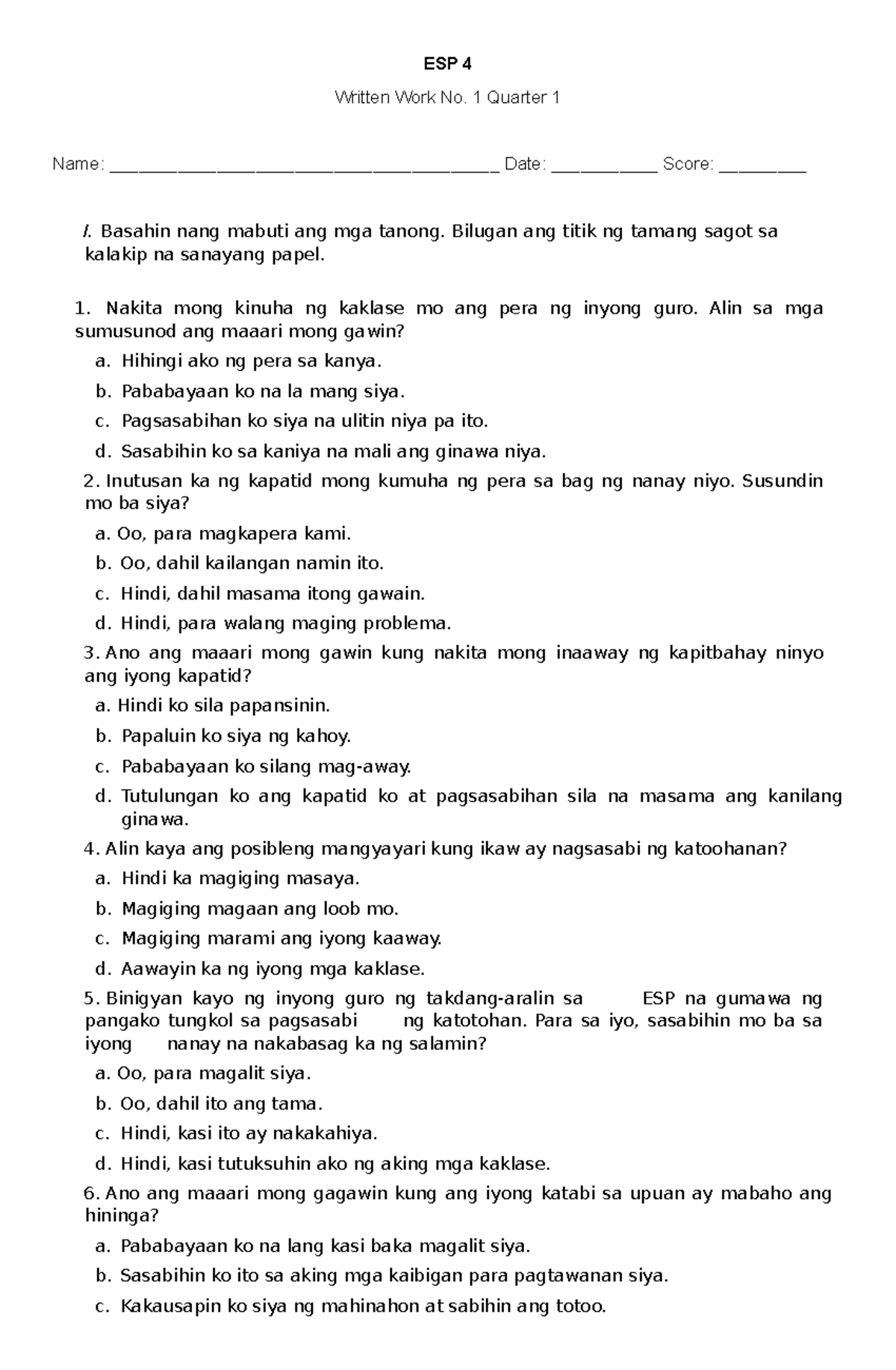 Grade 4 ESP Summative Test: Modules 1-3 Assessment Guide - Studocu
