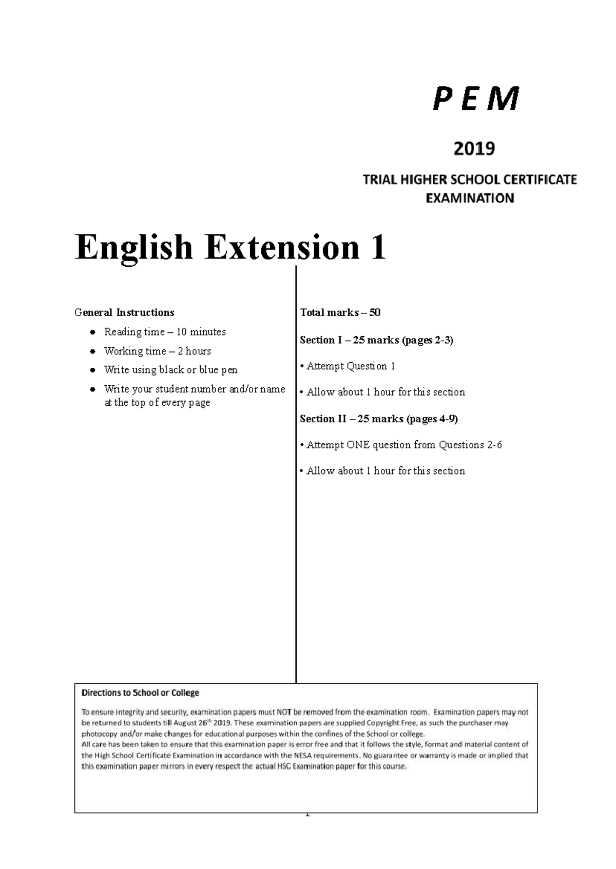PEM 2019 English Extension 1 Trial HSC Exam Guidelines - Studocu