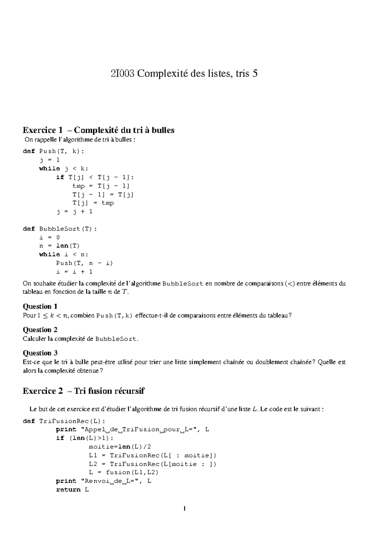 TD5 - Exercice sur les Algorithmes de Tri en LU2IN003 - Studocu