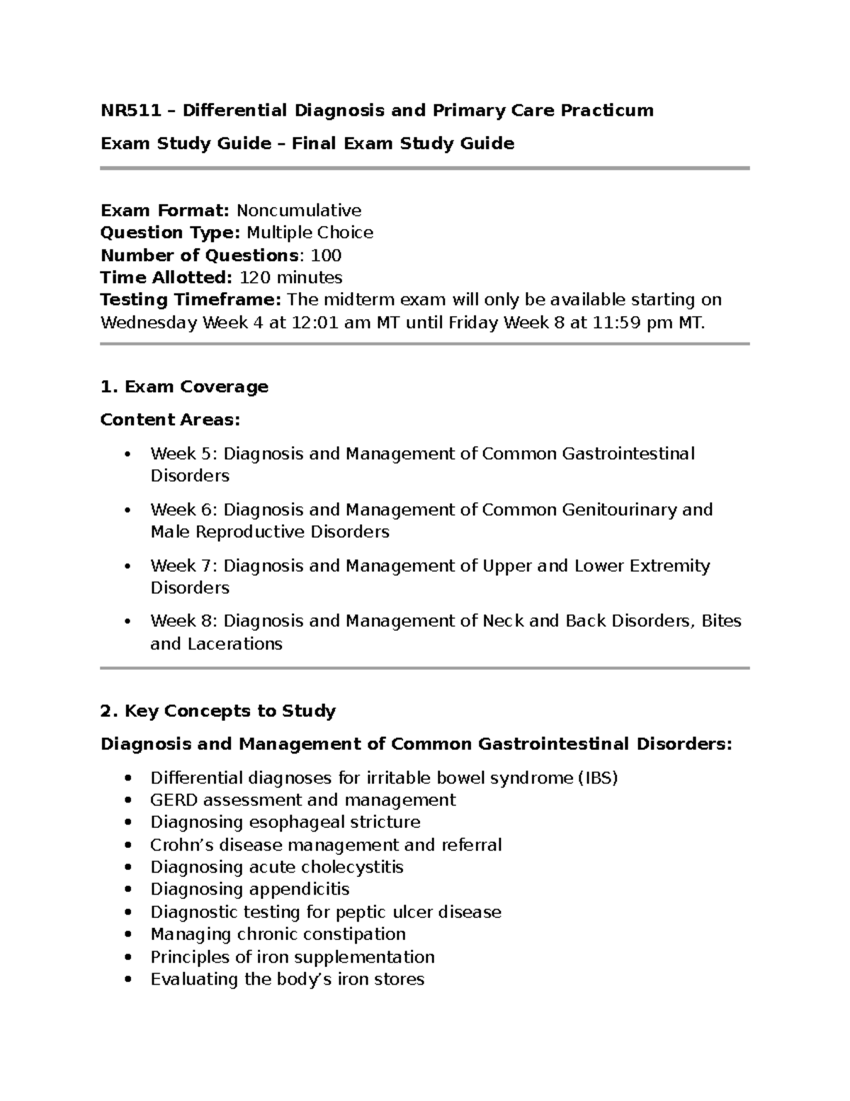 NR511 Final Exam Study Guide: Differential Diagnosis & Primary Care - Studocu