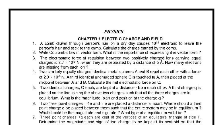 PHYSICS 1: SAMPLE PAPER ON ELECTRIC CHARGE, FIELD, AND POTENTIAL - Studocu
