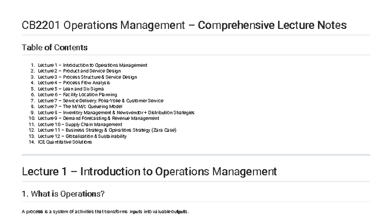 CB2201 Operations Management Comprehensive Lecture Notes Summary - Studocu