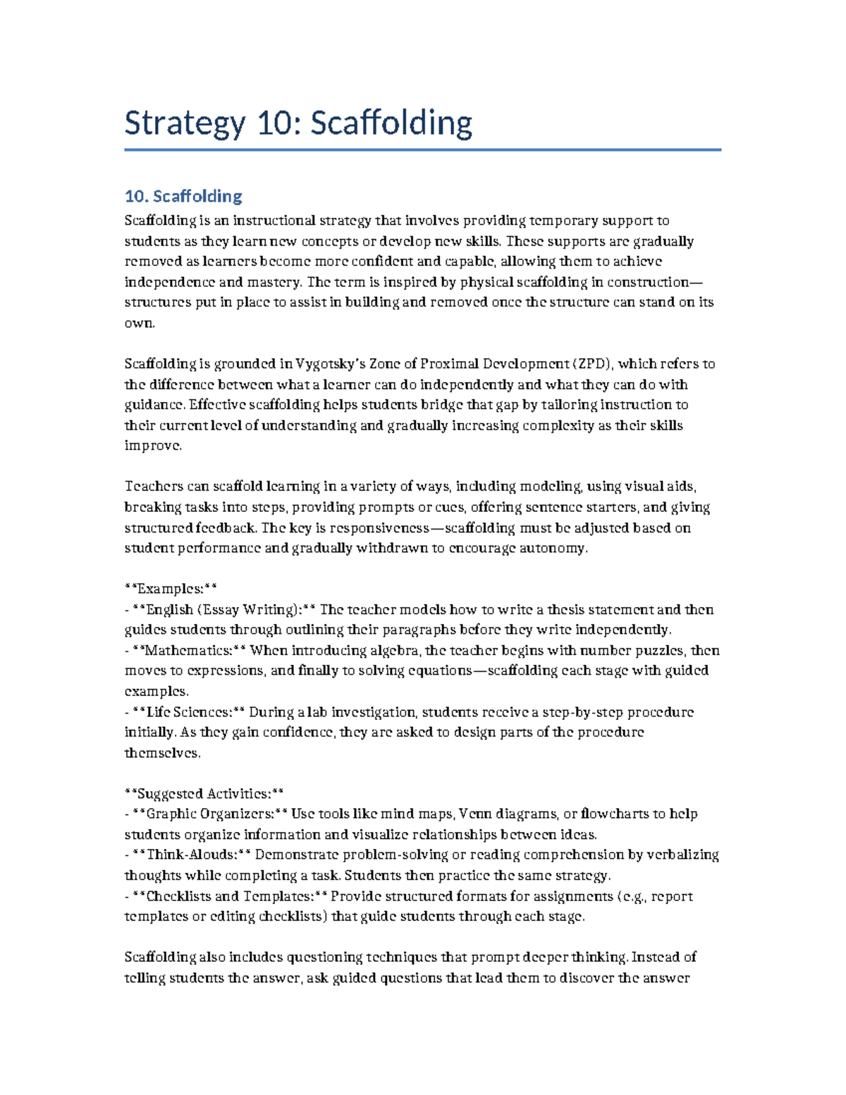 Strategy 10: Scaffolding Techniques for Effective Learning - Studocu