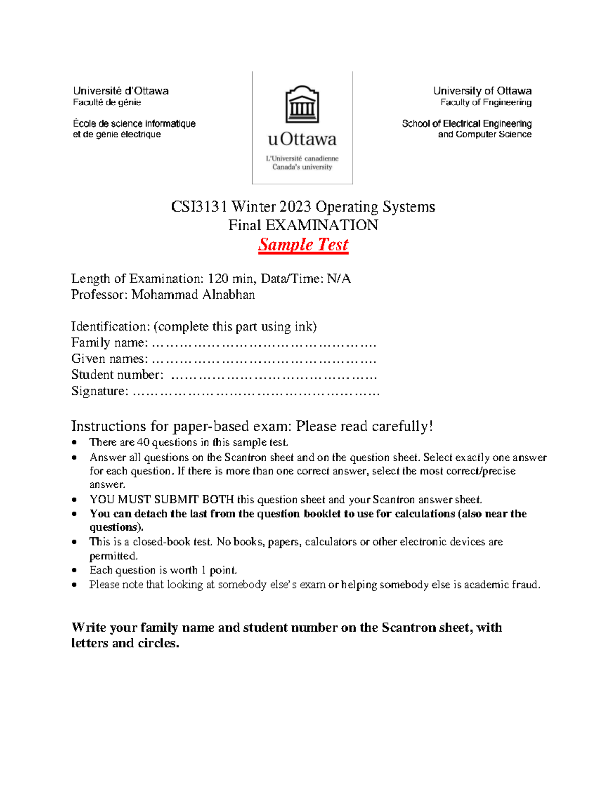 CSI3131 Winter 2023 Operating Systems Final Exam Sample Test - Studocu