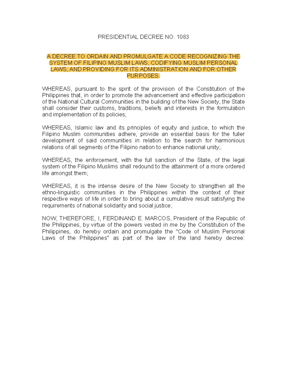 PD 1083 - Shariah Code on Filipino Muslim Laws and Administration - Studocu