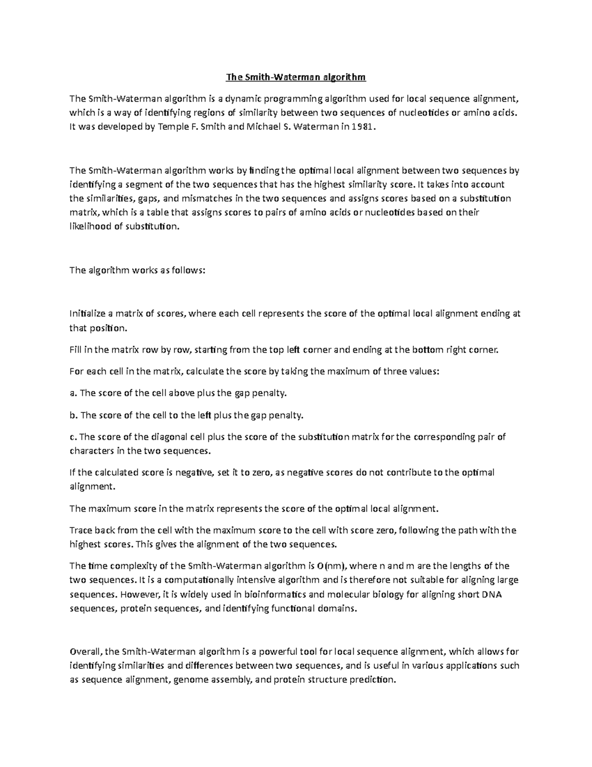 The Smith-Waterman algorithm - It was developed by Temple F. Smith and ...