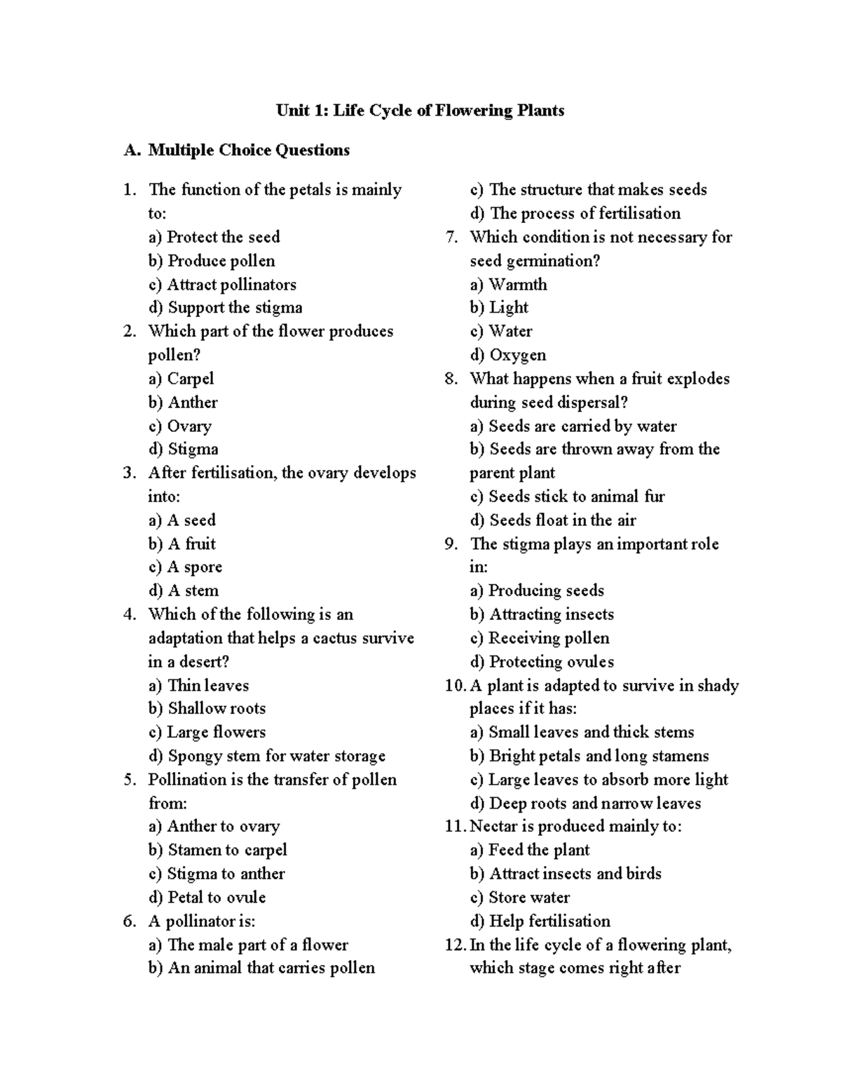 Science Unit 1: Life Cycle of Flowering Plants MCQs & Fill-in-the ...