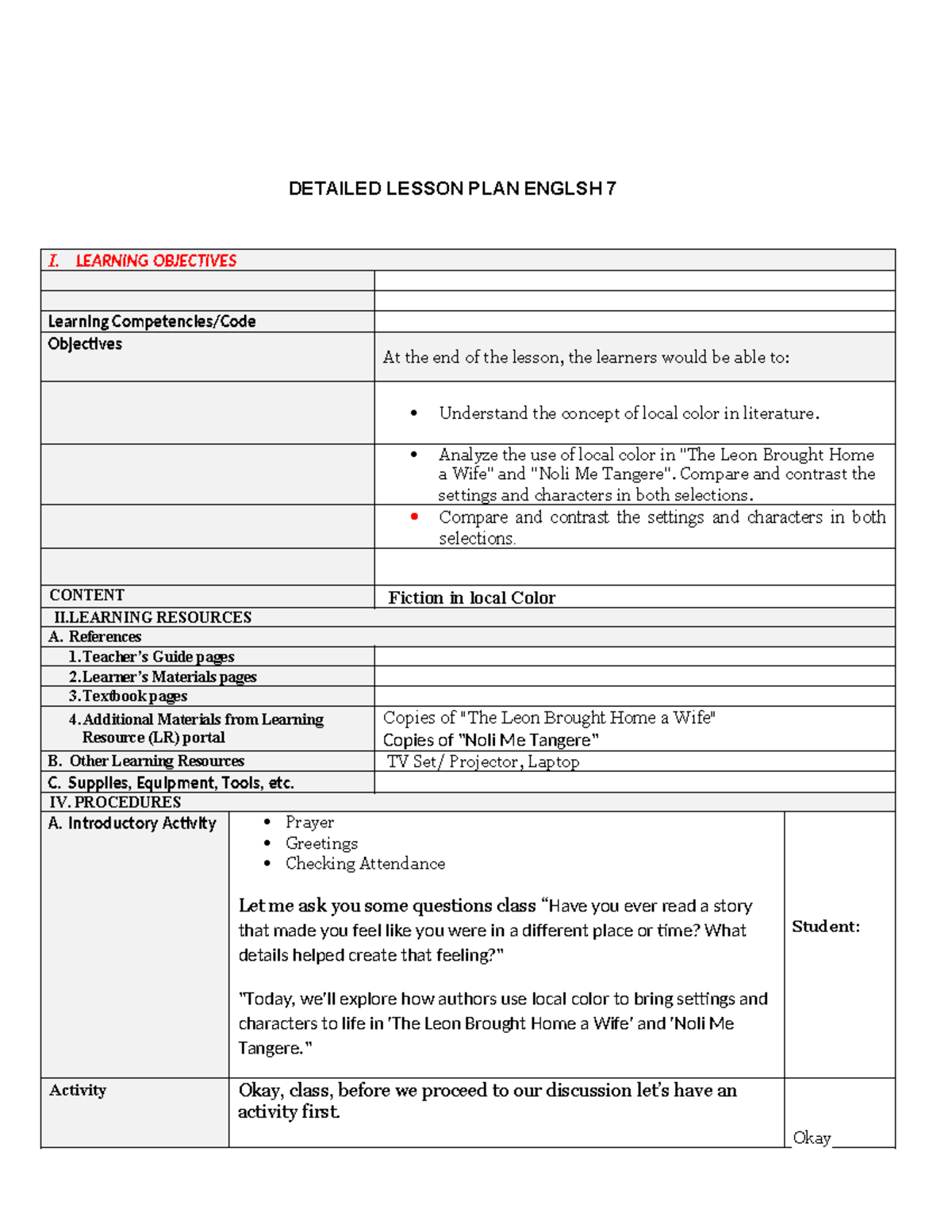 Detailed Lesson Plan: Understanding Local Color in Literature (ENG 7 ...