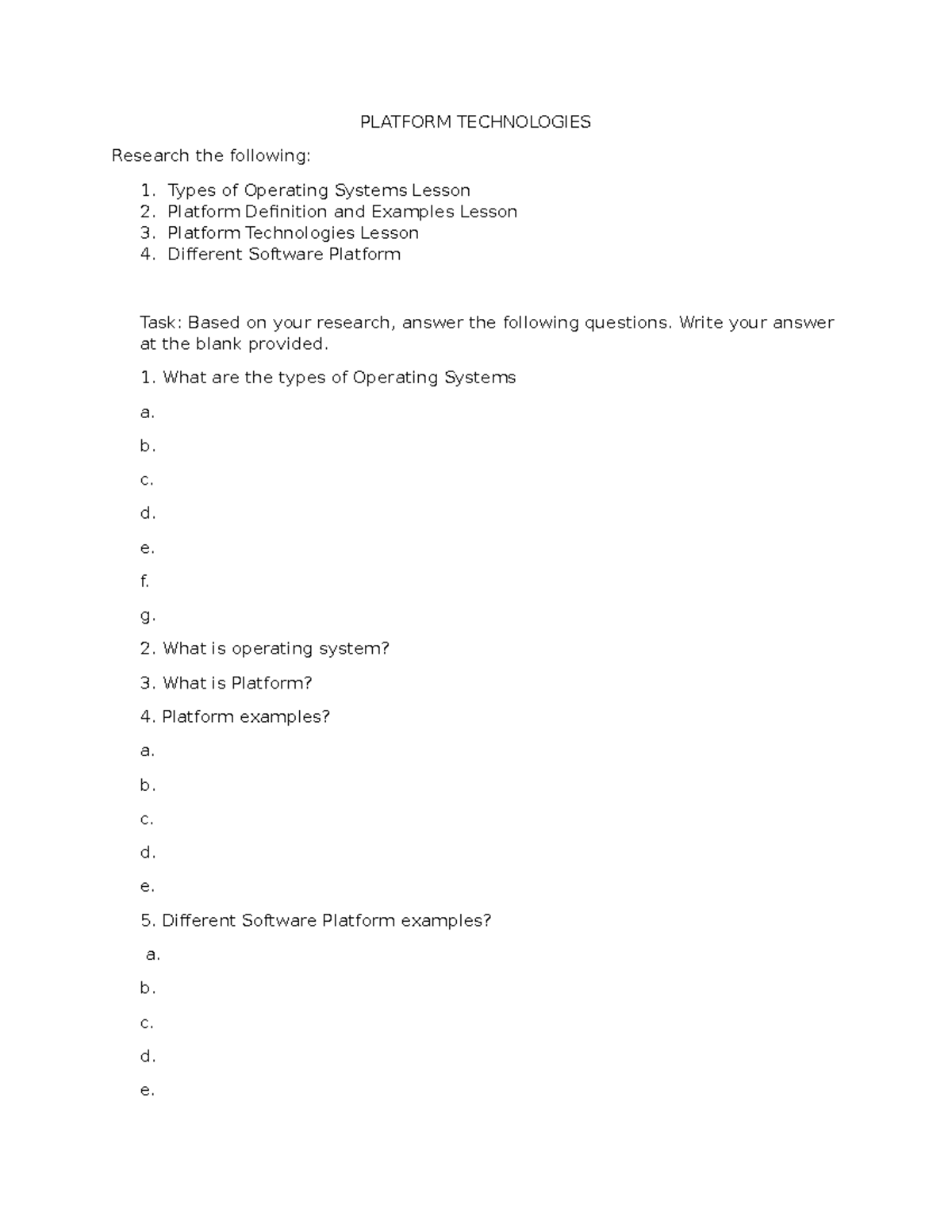 PLT 101 - Platform Technologies Lesson Activity and Questions - Studocu