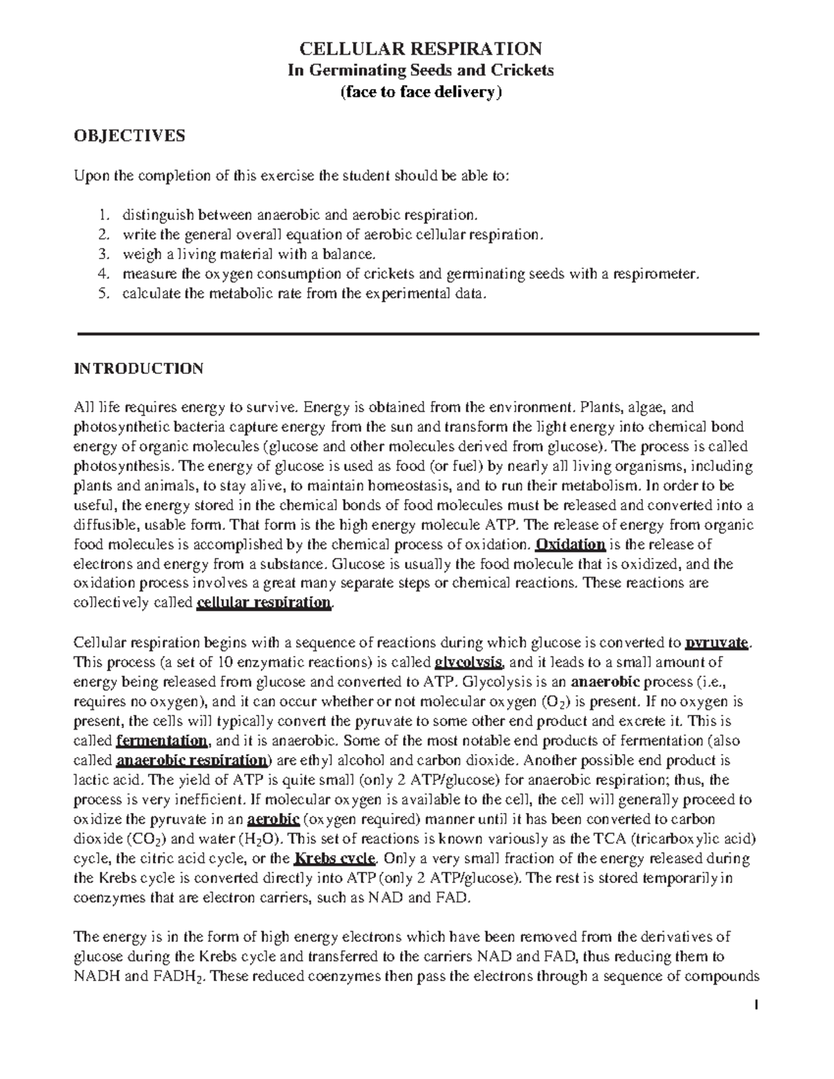 CELLULAR RESPIRATION LAB: Germinating Seeds & Crickets (BIO 101) - Studocu