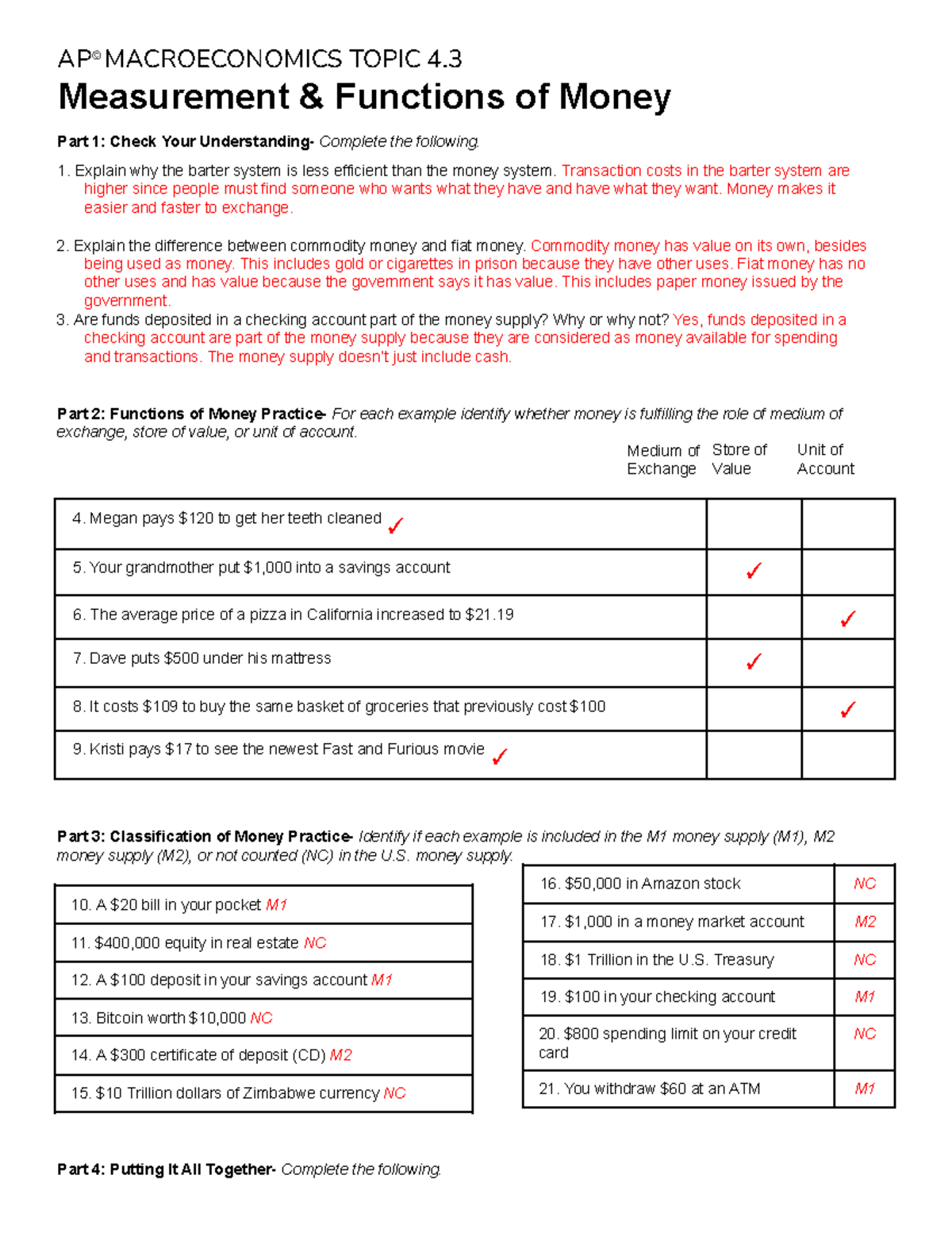 Macro Econ Topic 4.3: Functions & Measurement of Money Answers - Studocu