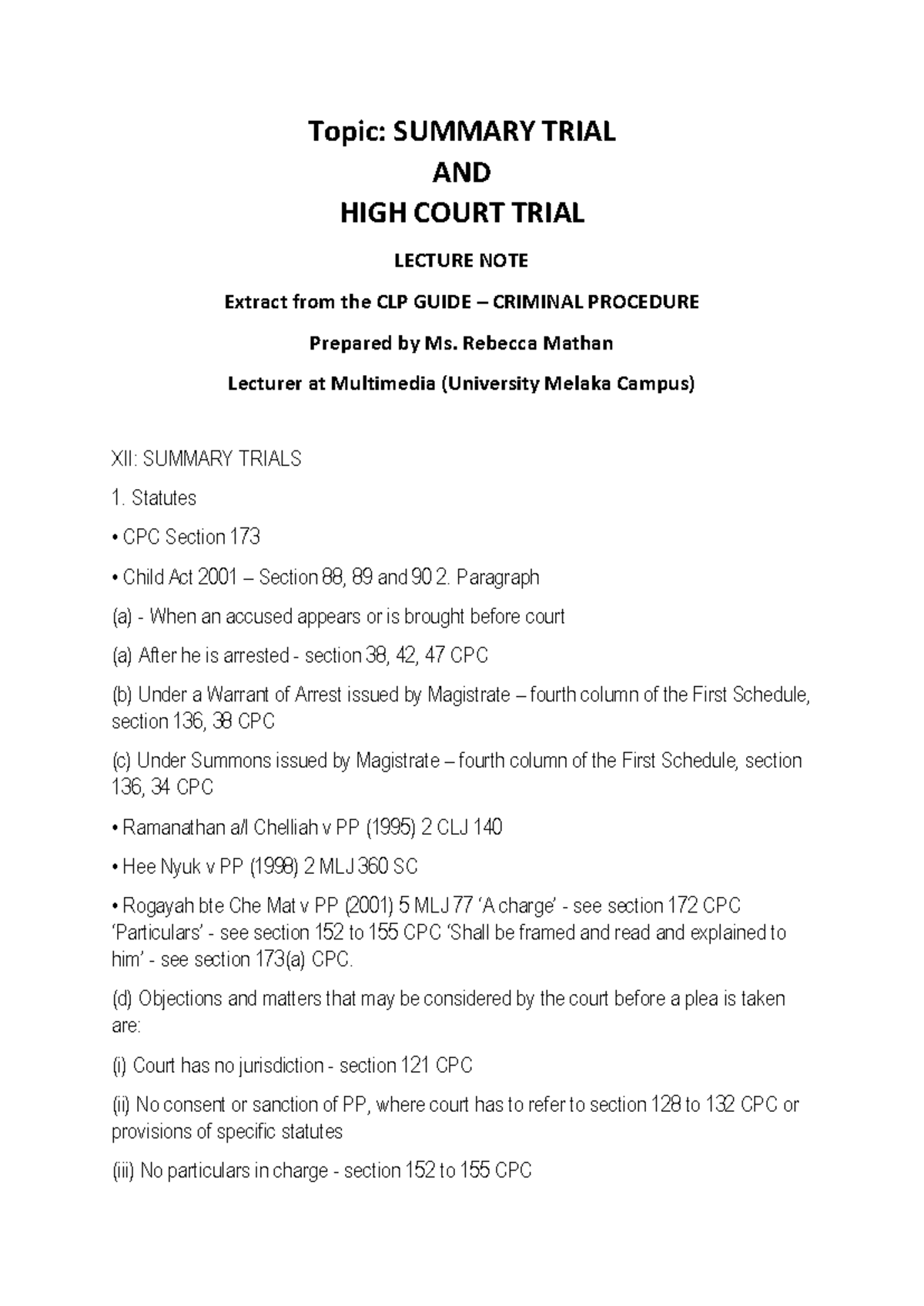 Summary Trial and High Court Trial Lecture Notes - CLP Guide - Studocu