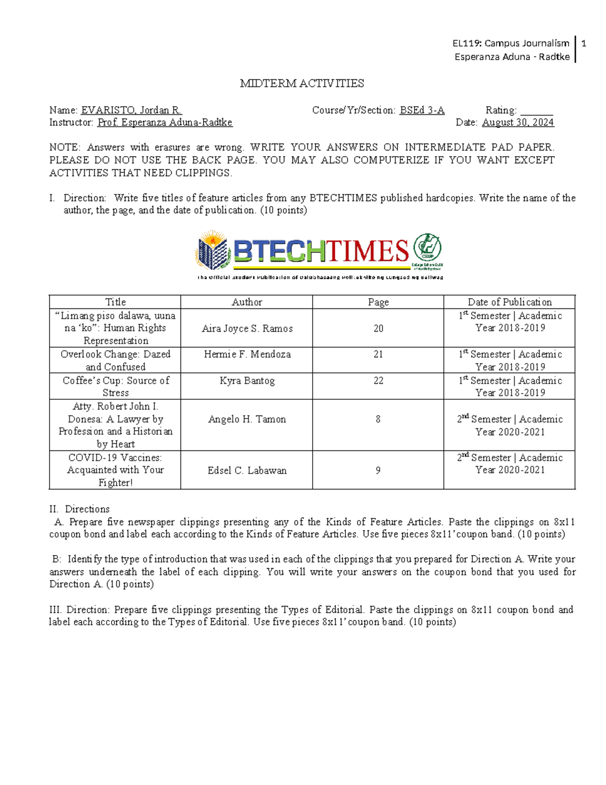 EL119 Midterm Activities on Campus Journalism and Feature Articles ...