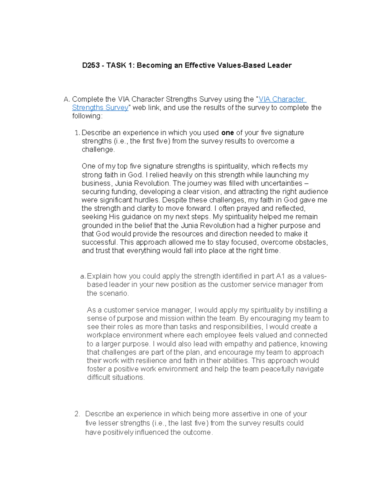 D253 v4 - RSM3 Task 1 - Effective Values-Based Leadership Strategies ...