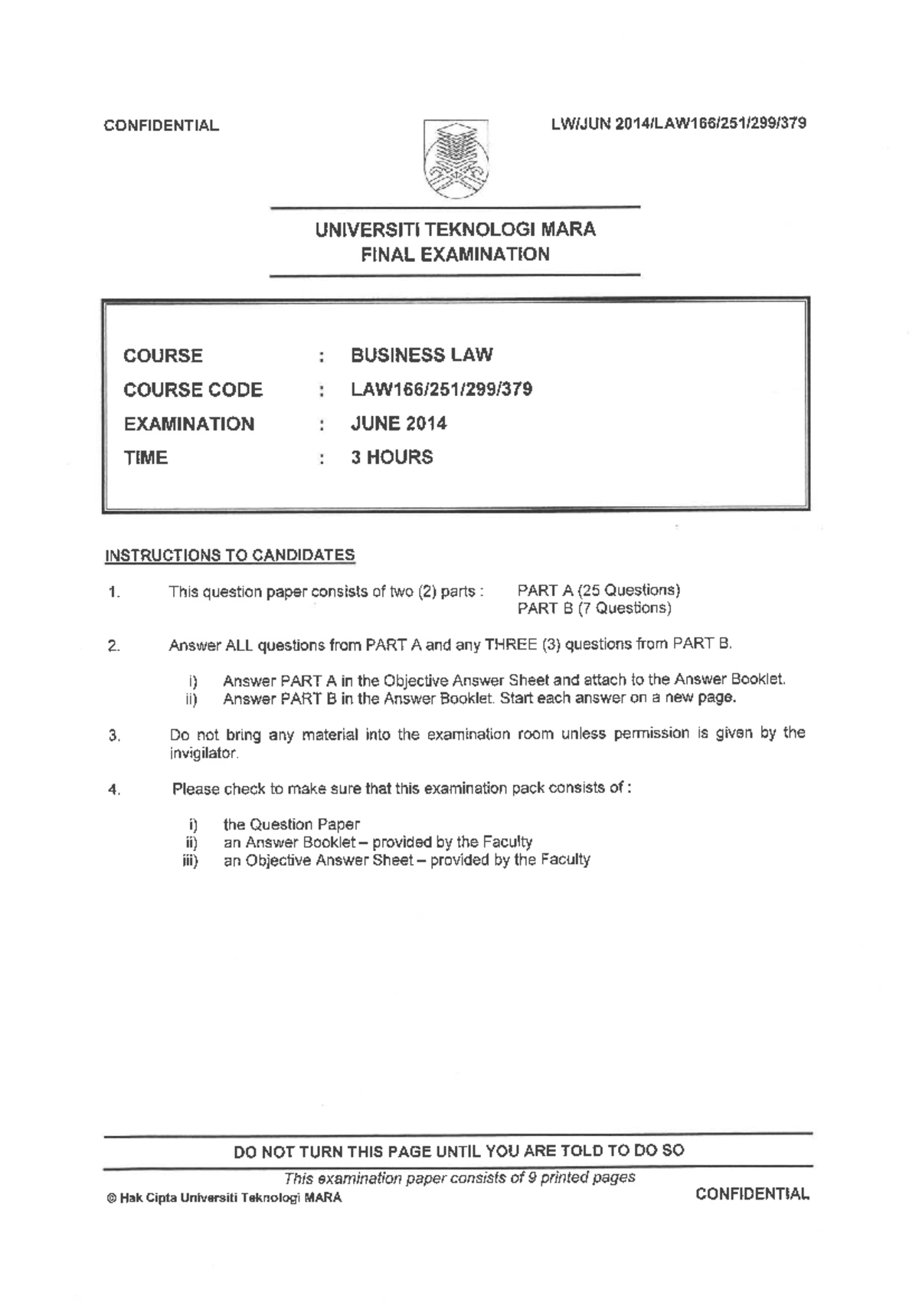 LAW166 Final Exam: Business Law June 2014 Question Paper & Instructions ...