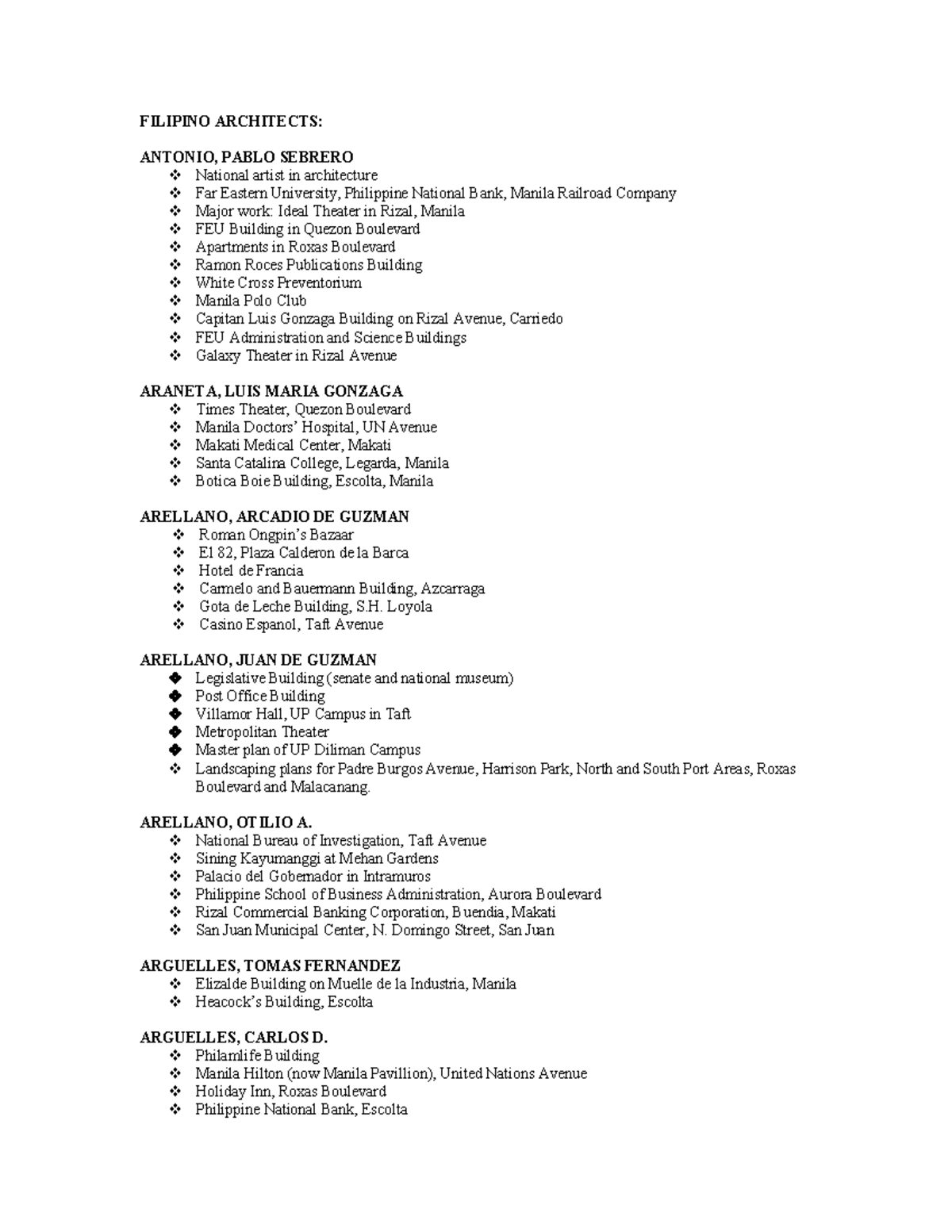 Filipino Architects: Notable Contributions and Major Works - Studocu