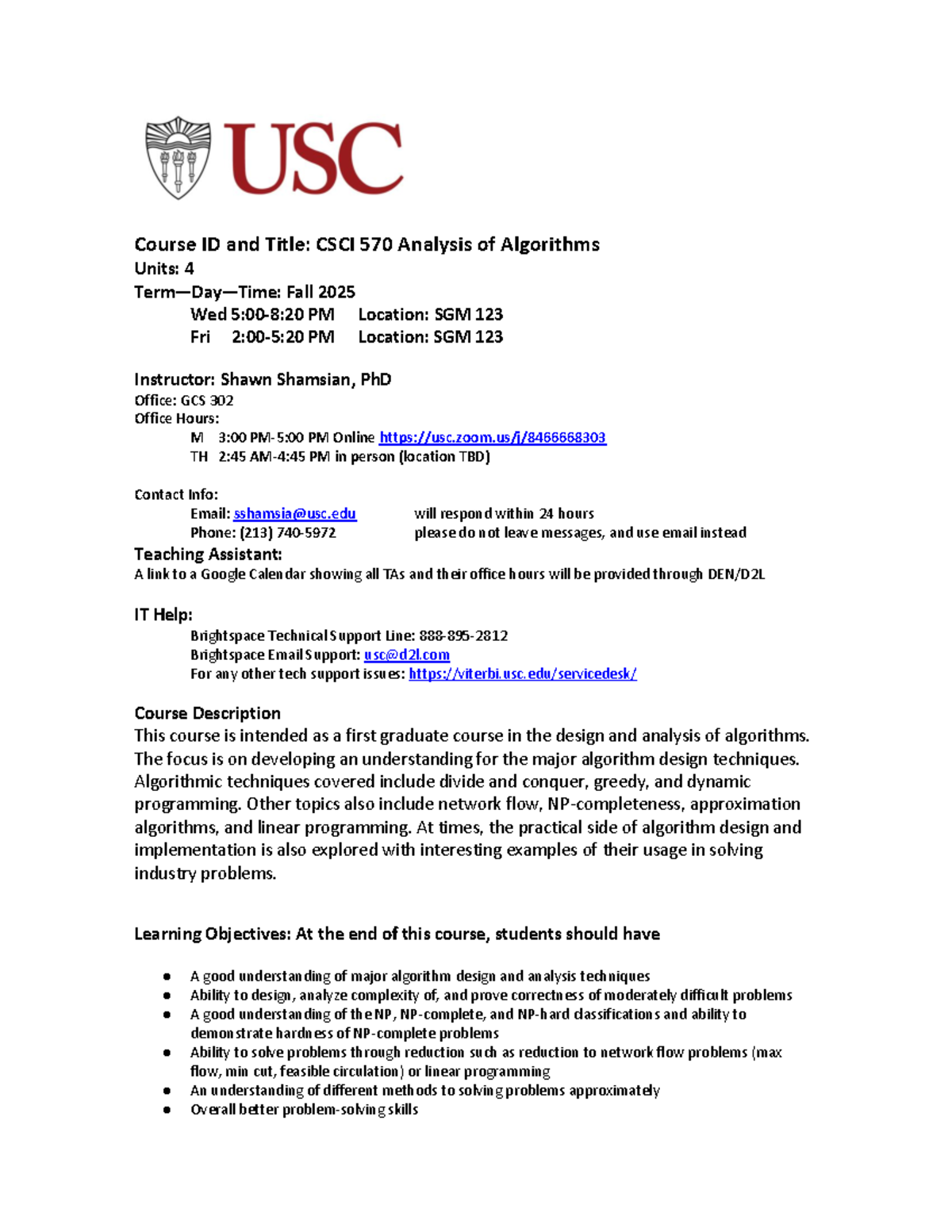 CSCI 570 Syllabus: Analysis of Algorithms - Fall 2025 - Studocu