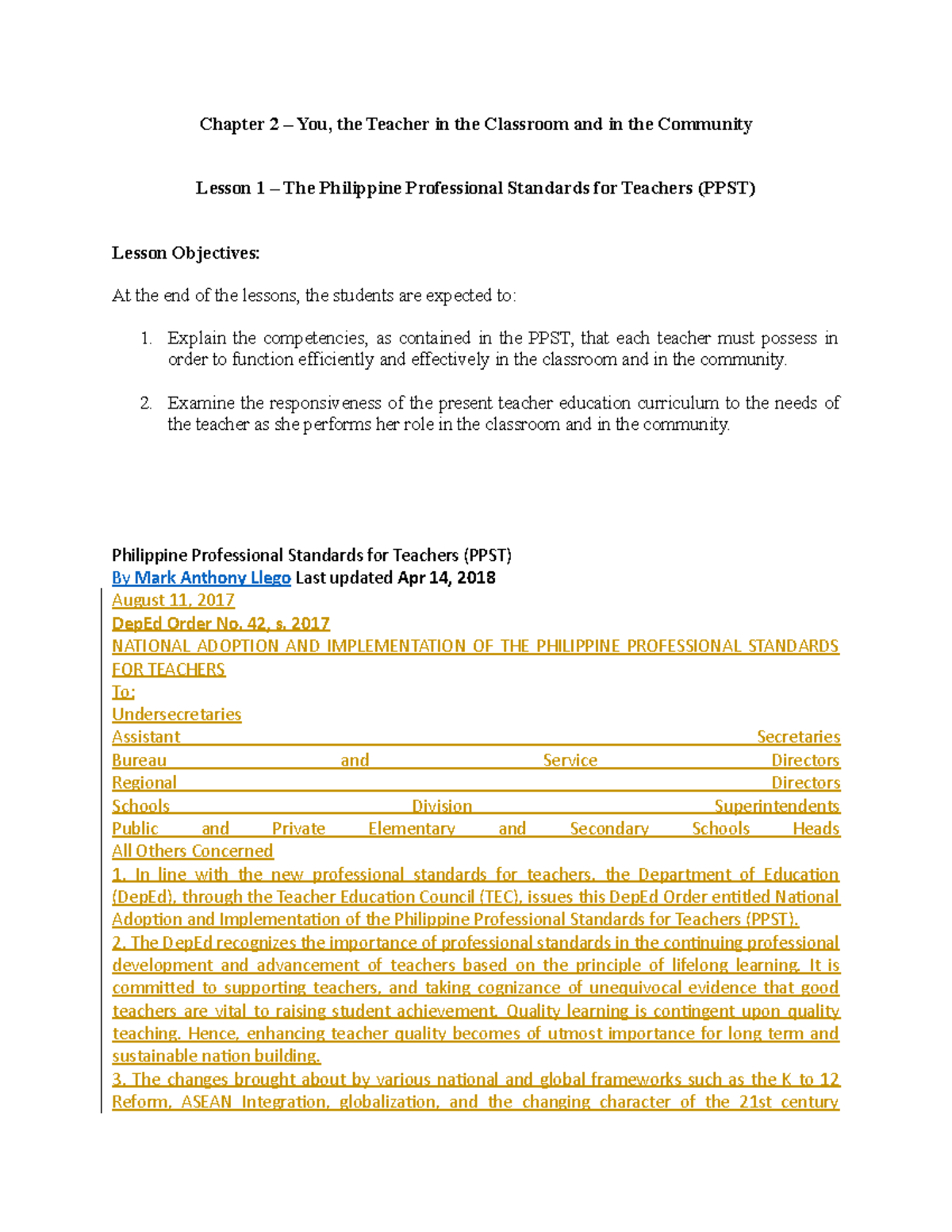 Chapter 2 Lesson 1: Understanding the Philippine Professional Standards ...
