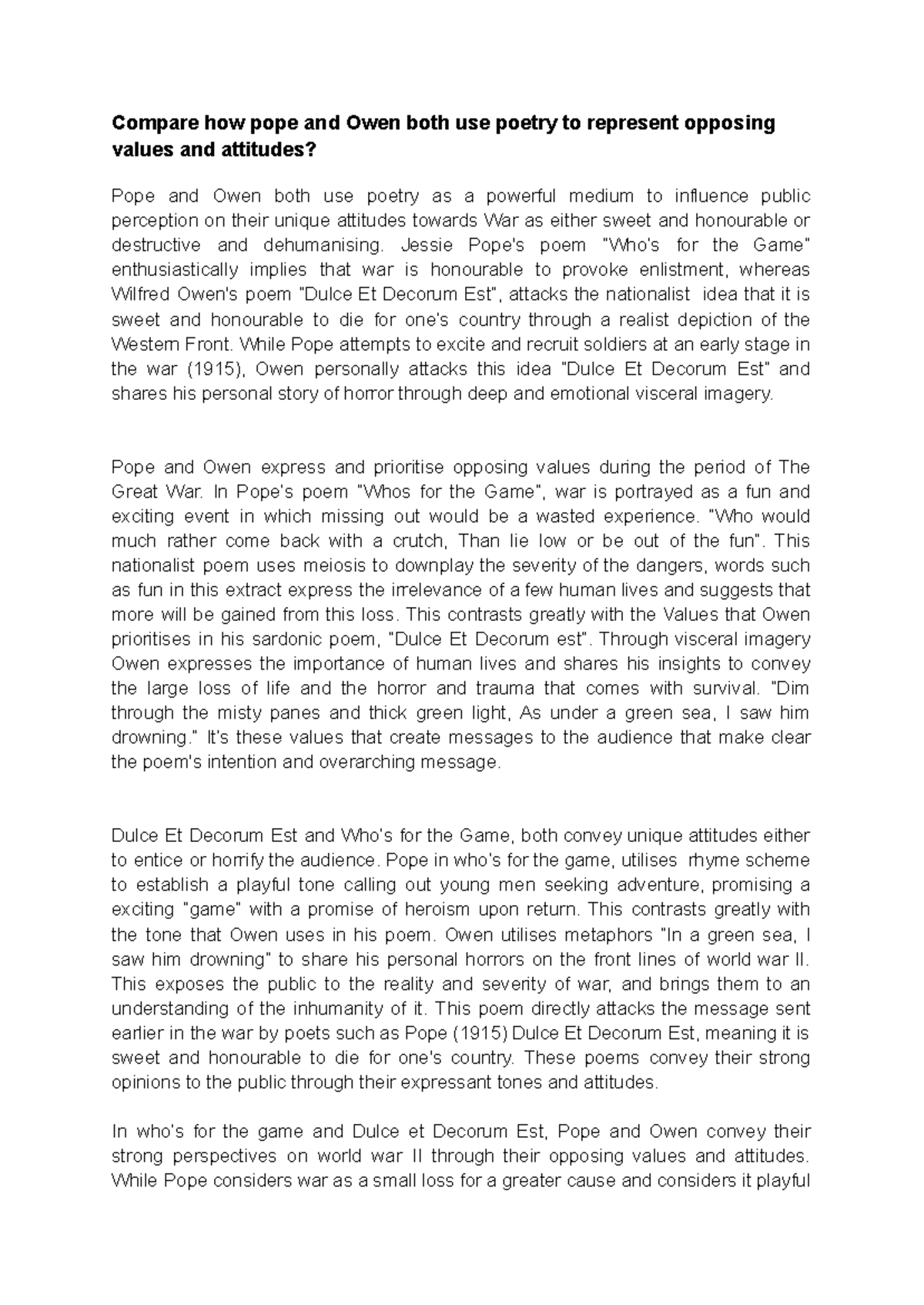 Comparative Analysis of War Perspectives in Poetry: Pope vs. Owen - Studocu