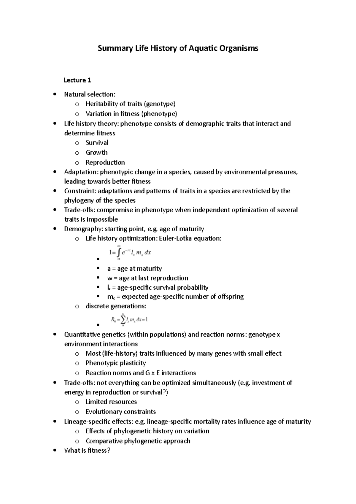 Life History Summary of Aquatic Organisms - Lecture Notes (BIO101 ...