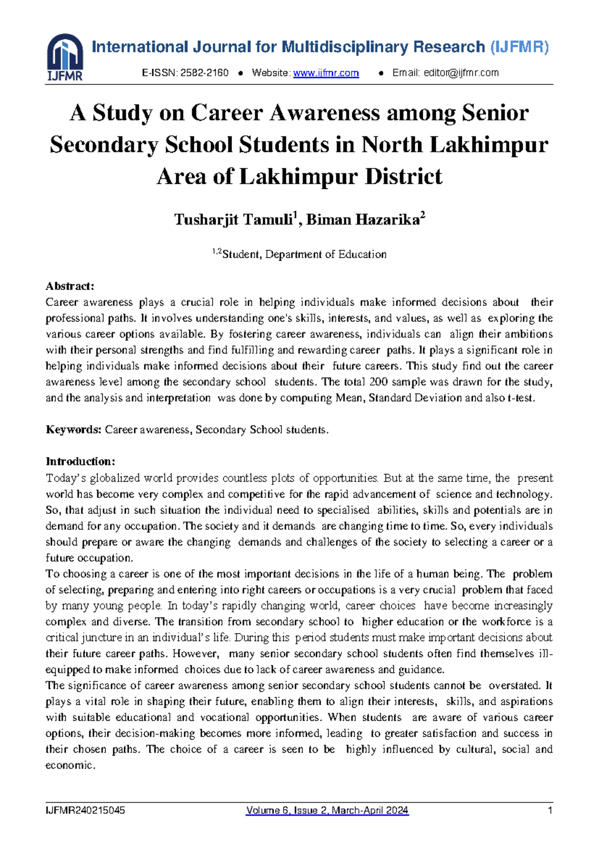 IJFMR240215045: Career Awareness Study Among Senior Secondary Students ...