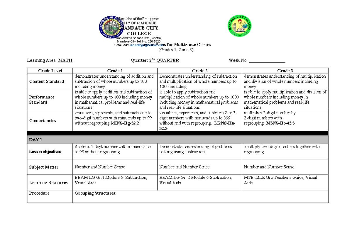 Lesson Plans for Multigrade Classes (Grades 1-3) – Math Focus - Studocu