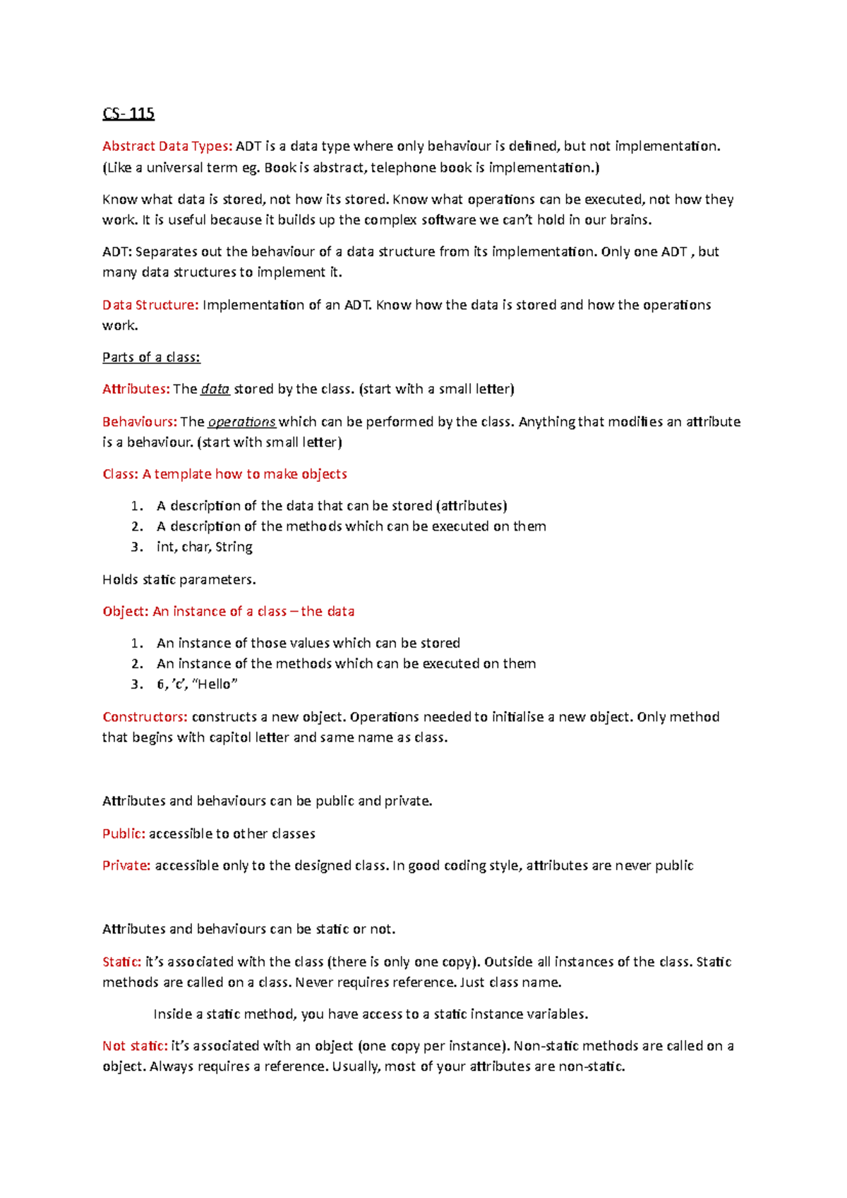 CS-115 Final Exam Notes - Understanding Abstract Data Types and Classes ...
