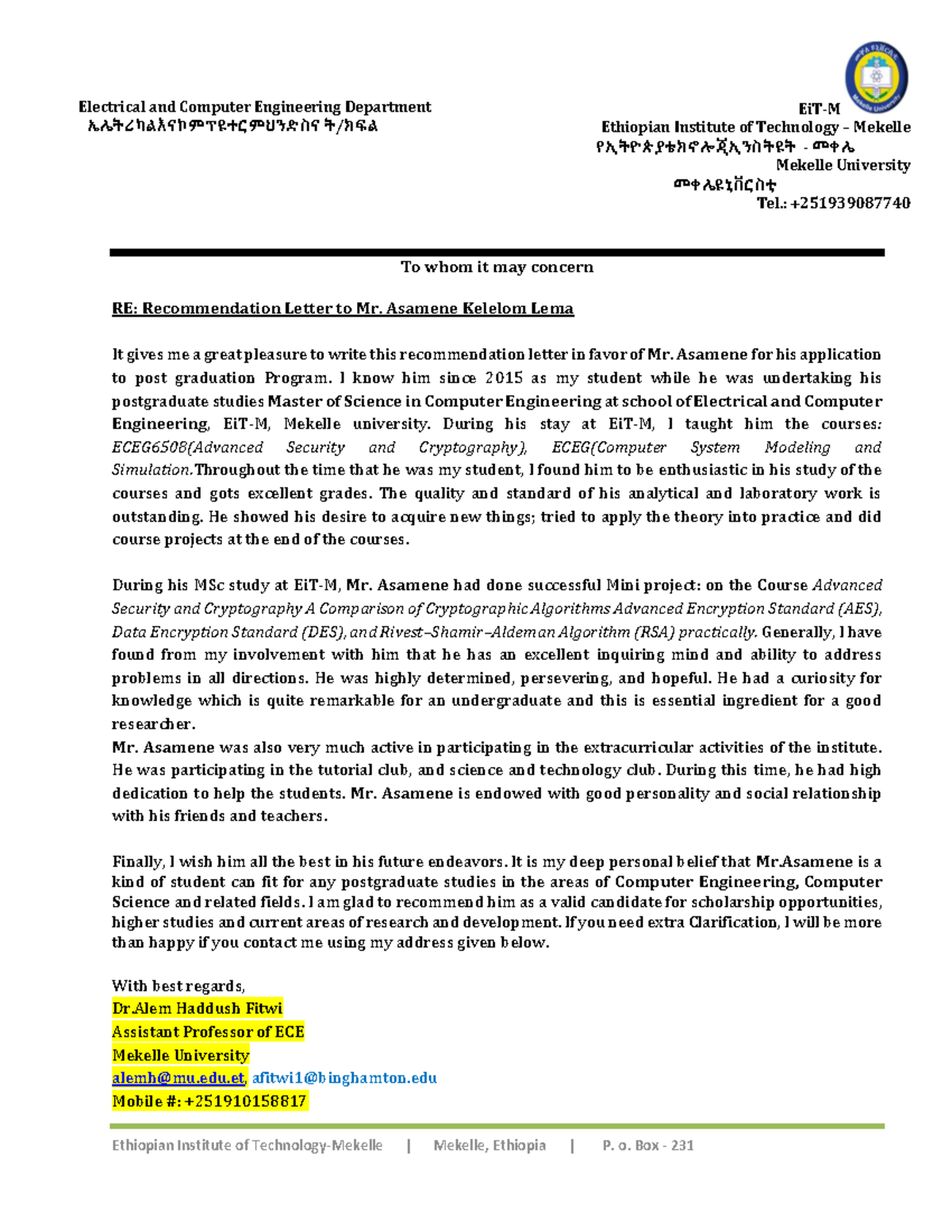 Recommendation Letter for Mr. Asamene Kelelom Lema - MSc ECE, EiT-M ...