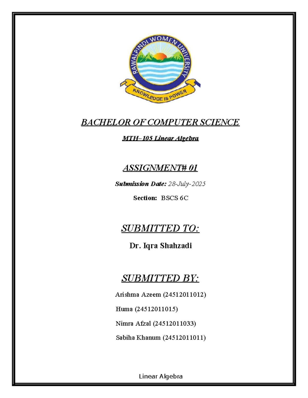 Linear Algebra Assignment - BSCS 6C - Studocu