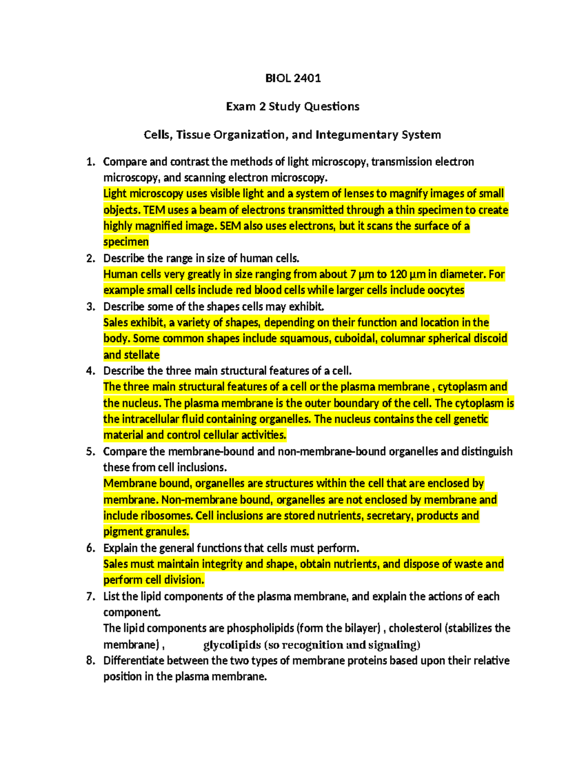 BIOL 2401 Exam 2 Study Guide: Cells, Tissues & Integumentary System ...
