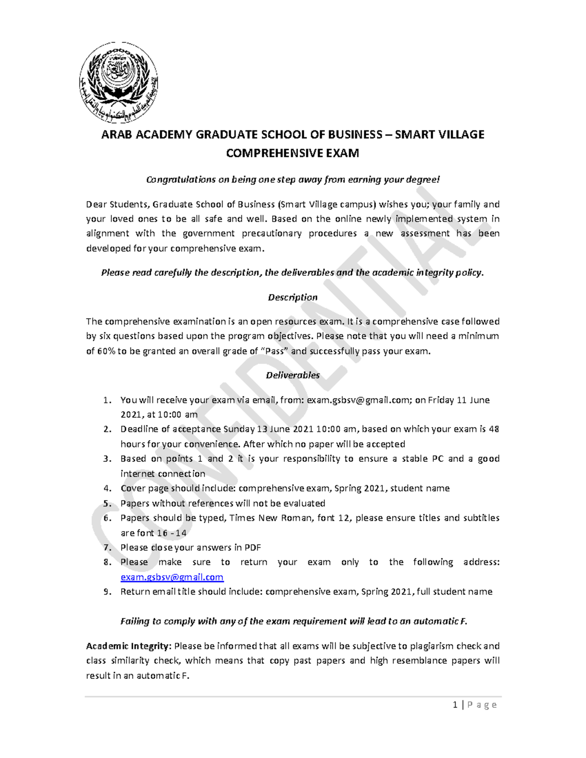 Comprehensive Exam Guidelines for GSB ARAB ACADEMY - Spring 2021 - Studocu