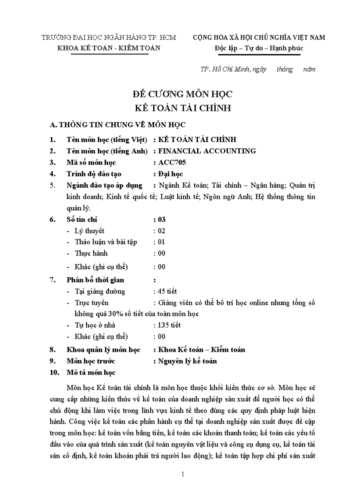Đề cương môn học Kế toán Tài chính - ACC705 - Studocu