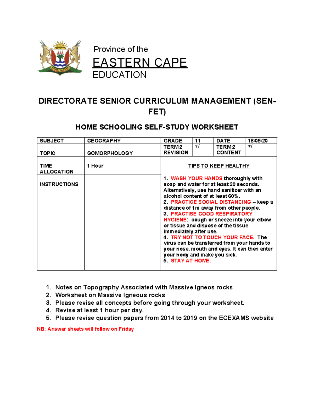 Geography Worksheet: Topography of Massive Igneous Rocks (Grade 11 ...