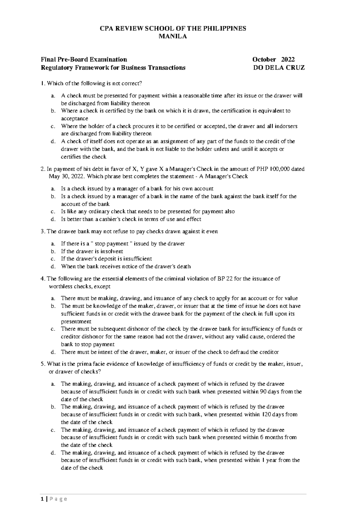 CPA 2022 Final Exam Review: Regulatory Framework for Business ...