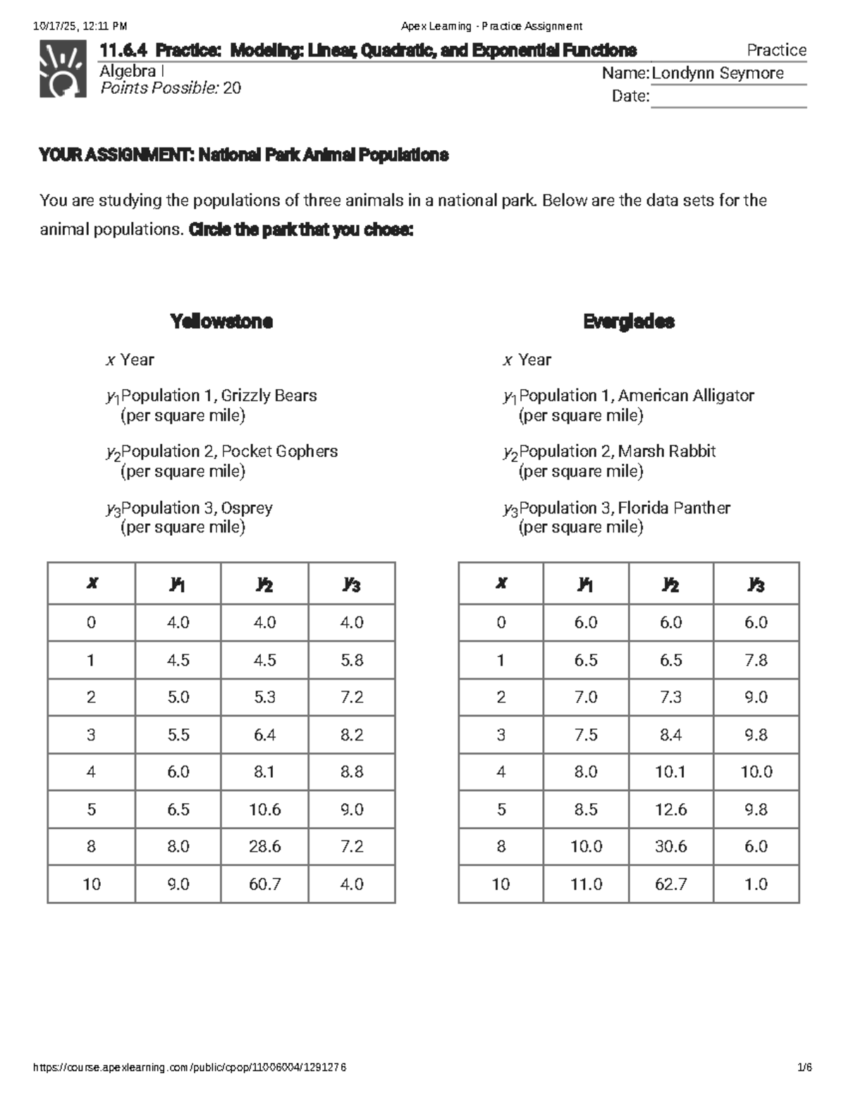 Apex Learning Algebra I Practice: Modeling Animal Populations - Studocu