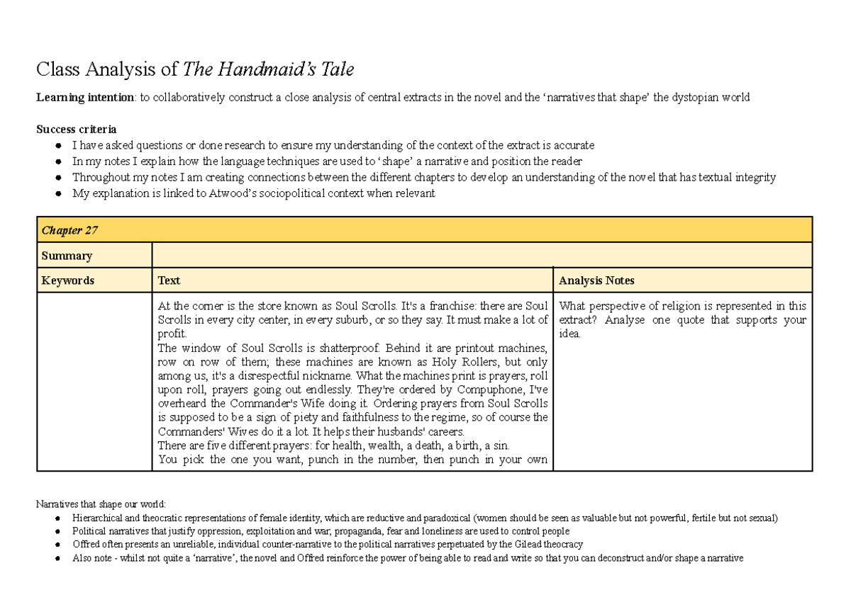 Class analysis of key extracts chapters 27-46 - Class Analysis of The ...