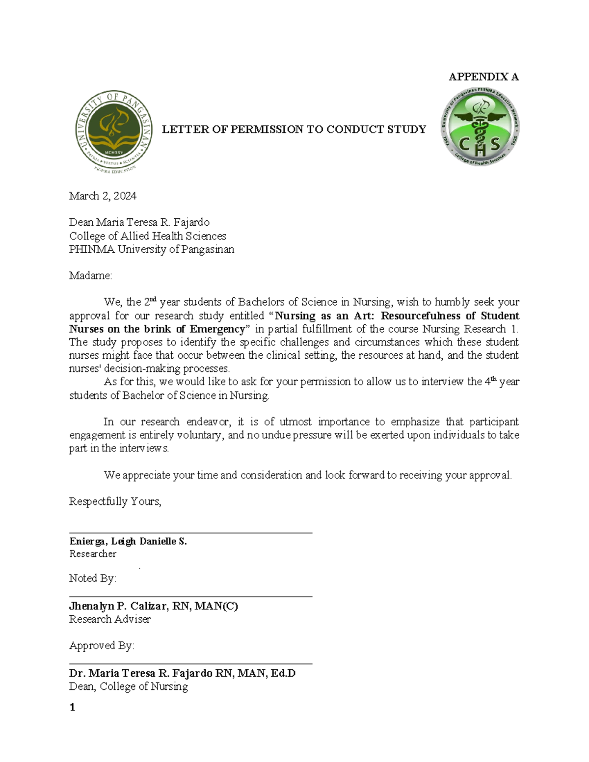Appendix - LECTURE - APPENDIX A LETTER OF PERMISSION TO CONDUCT STUDY ...