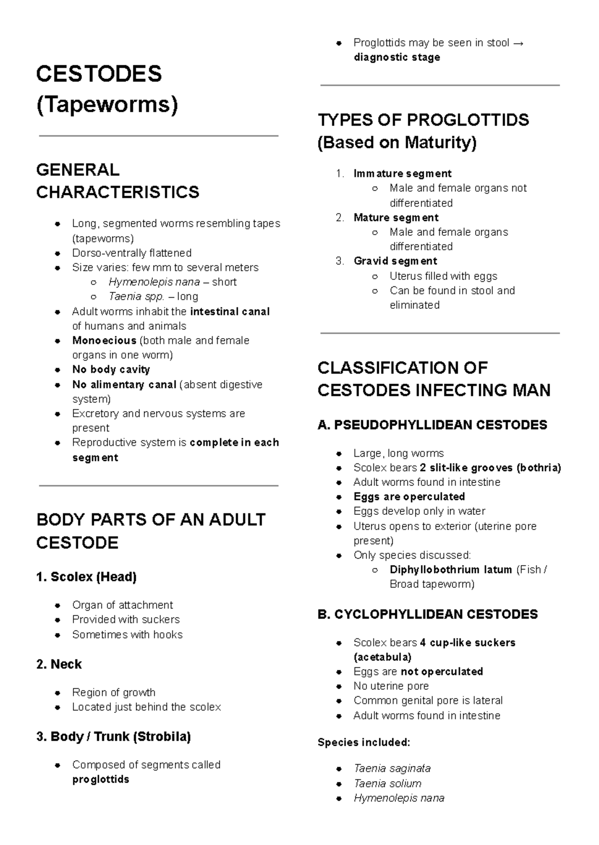 CESTODES (Tapeworms) - General Characteristics & Classification - Studocu