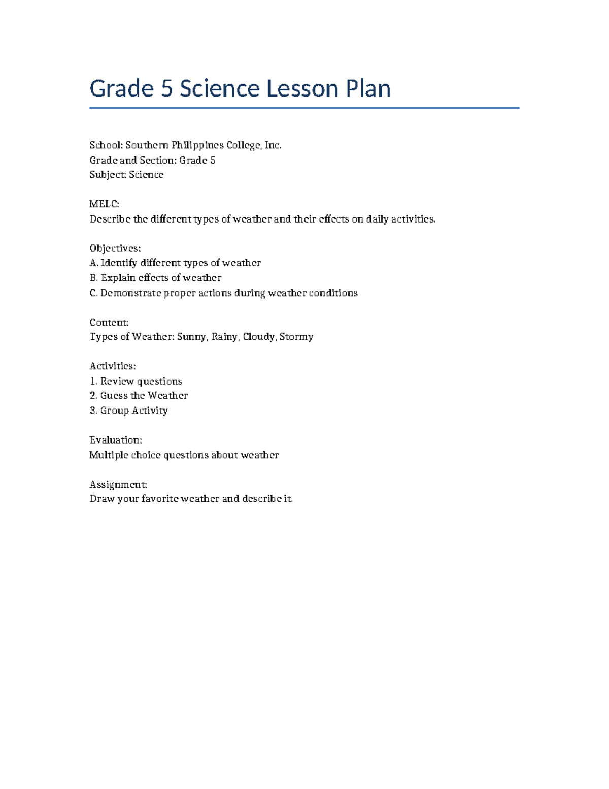 Grade 5 Science Lesson Plan - Grade 5 Science Lesson Plan School ...