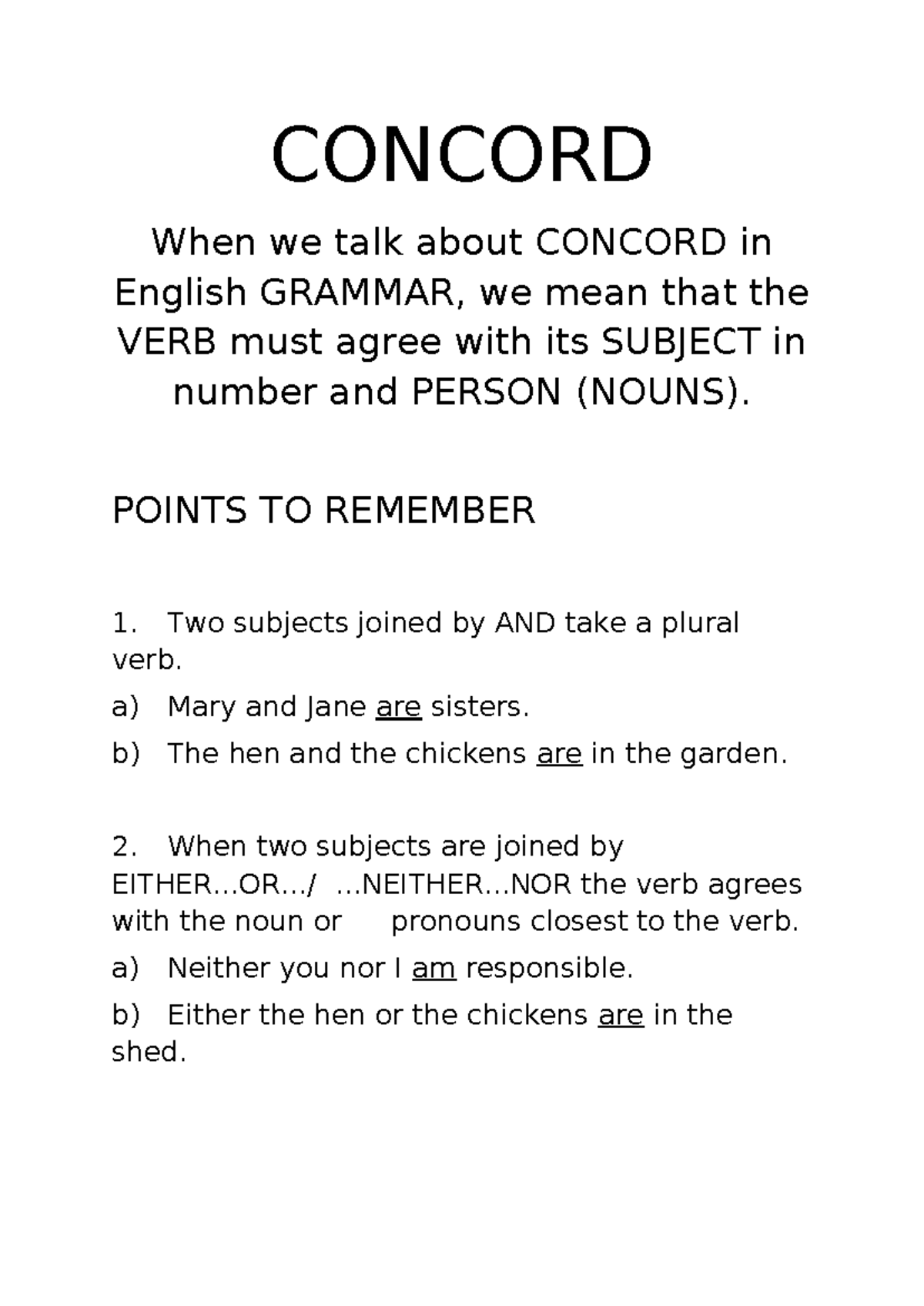 Concord - Additional Notes for English Grammar (ENG 101) - Studocu