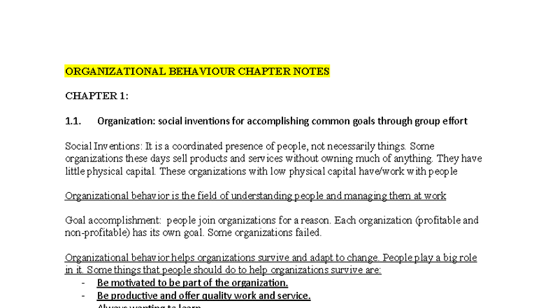 Comm222 Chapter Notes: Organizational Behavior for Exam Prep (Ch. 1-4 ...