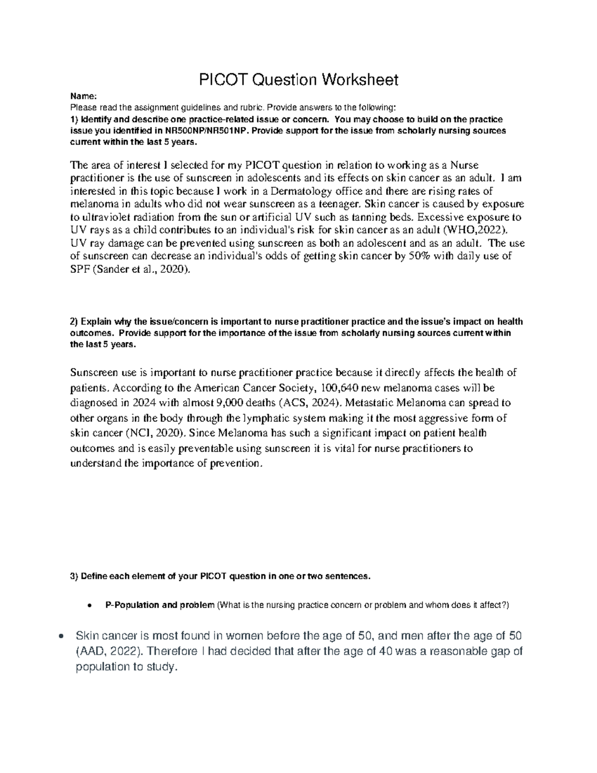 Picot worksheet - PICOT Question Worksheet Name: Please read the ...