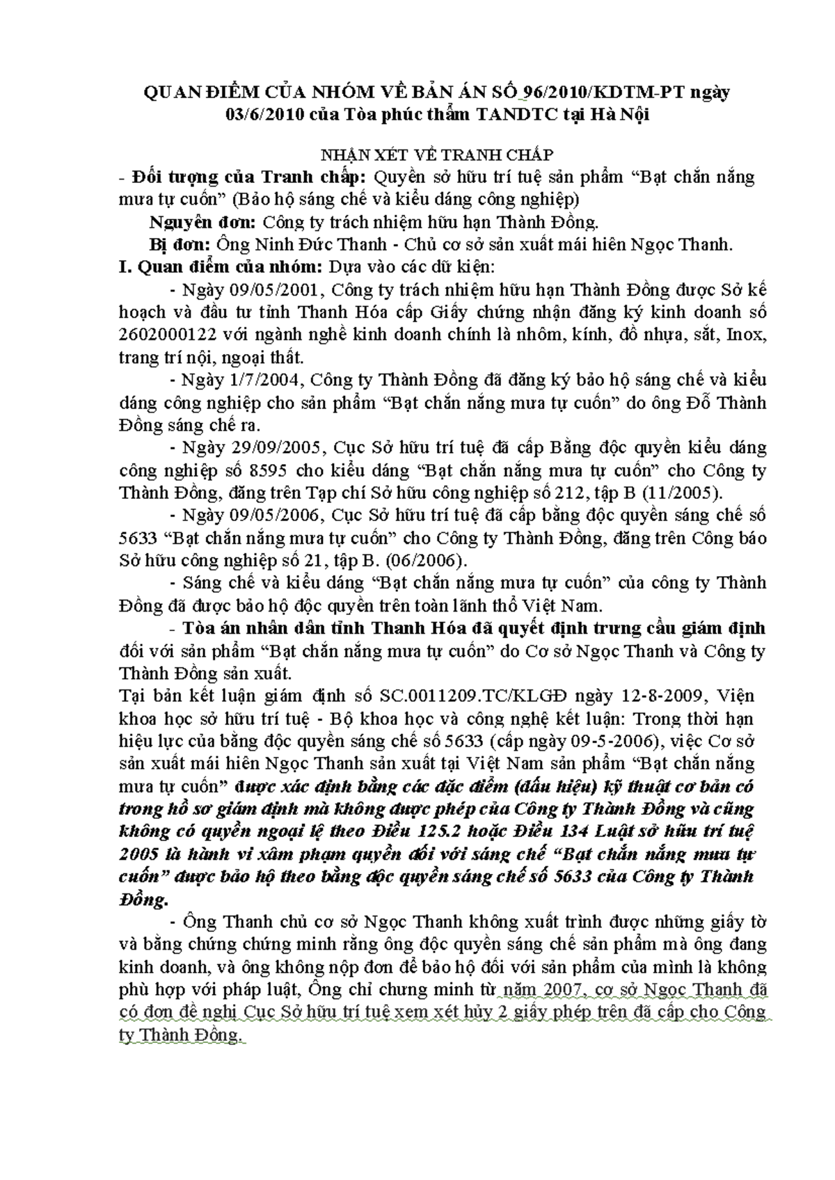 NHẬN XÉT VỀ BẢN ÁN SỐ 96/2010/KDTM-PT VỀ QUYỀN SỞ HỮU TRÍ TUỆ - Studocu