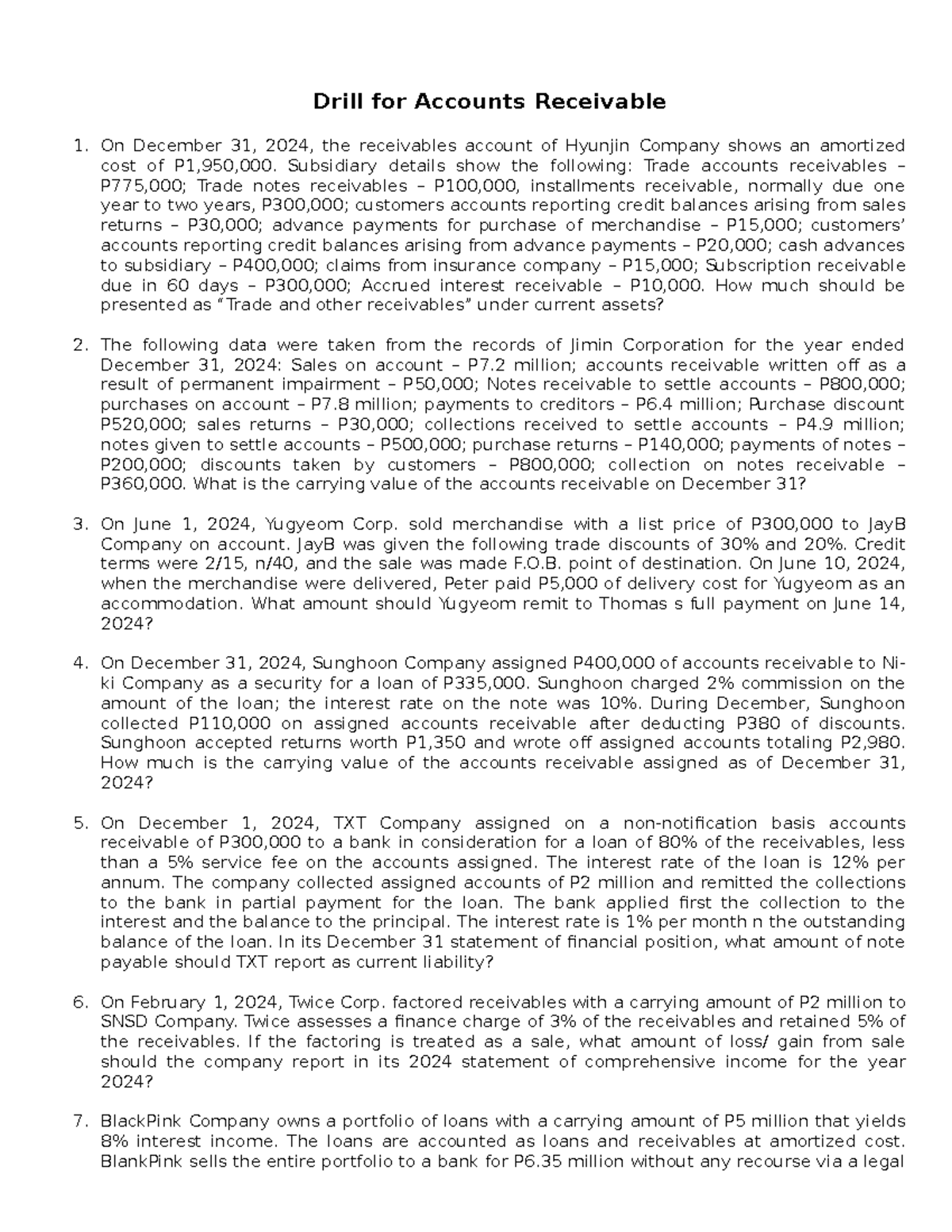 Accounts Receivable Drills & Exercises for Financial Analysis - Studocu