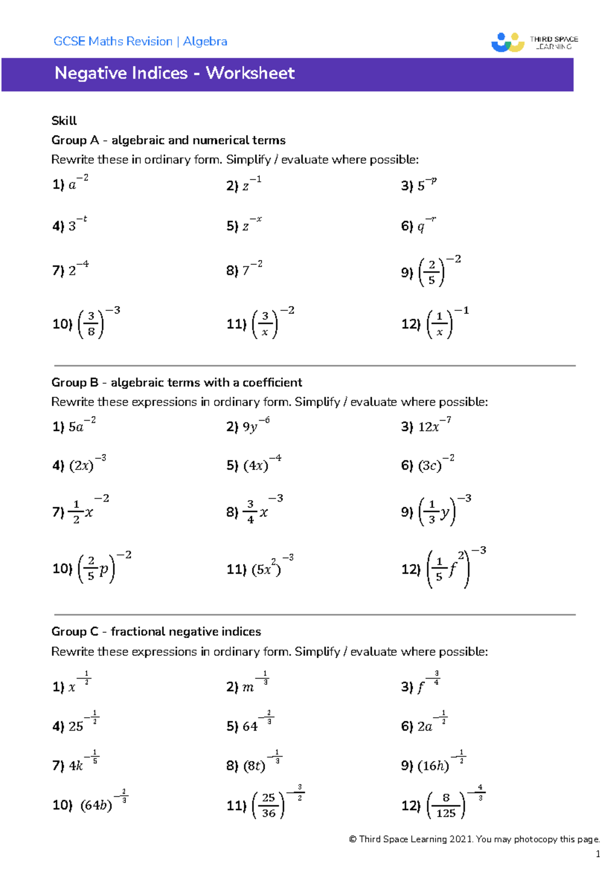 GCSE Maths Revision: Negative Indices Worksheet & Exam Questions - Studocu