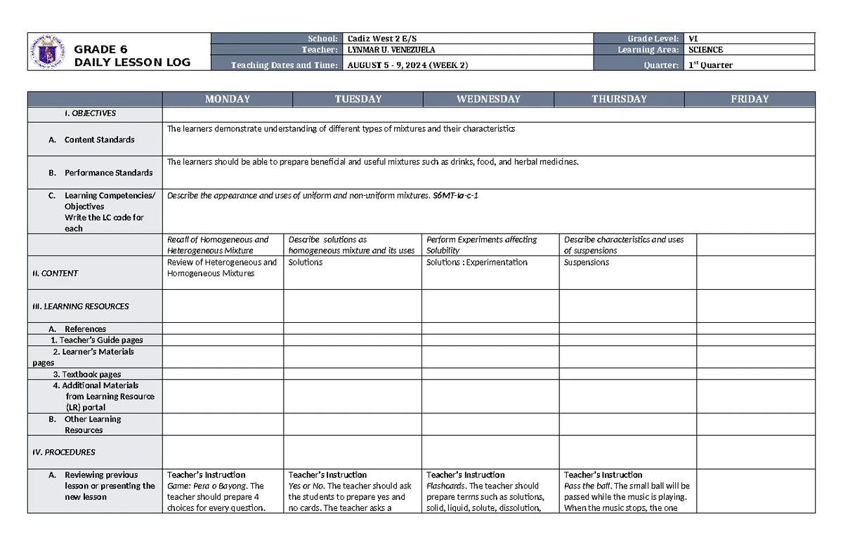 DLL Science-6 Q1 W8 - Lesson Log on Separating Mixtures - Studocu