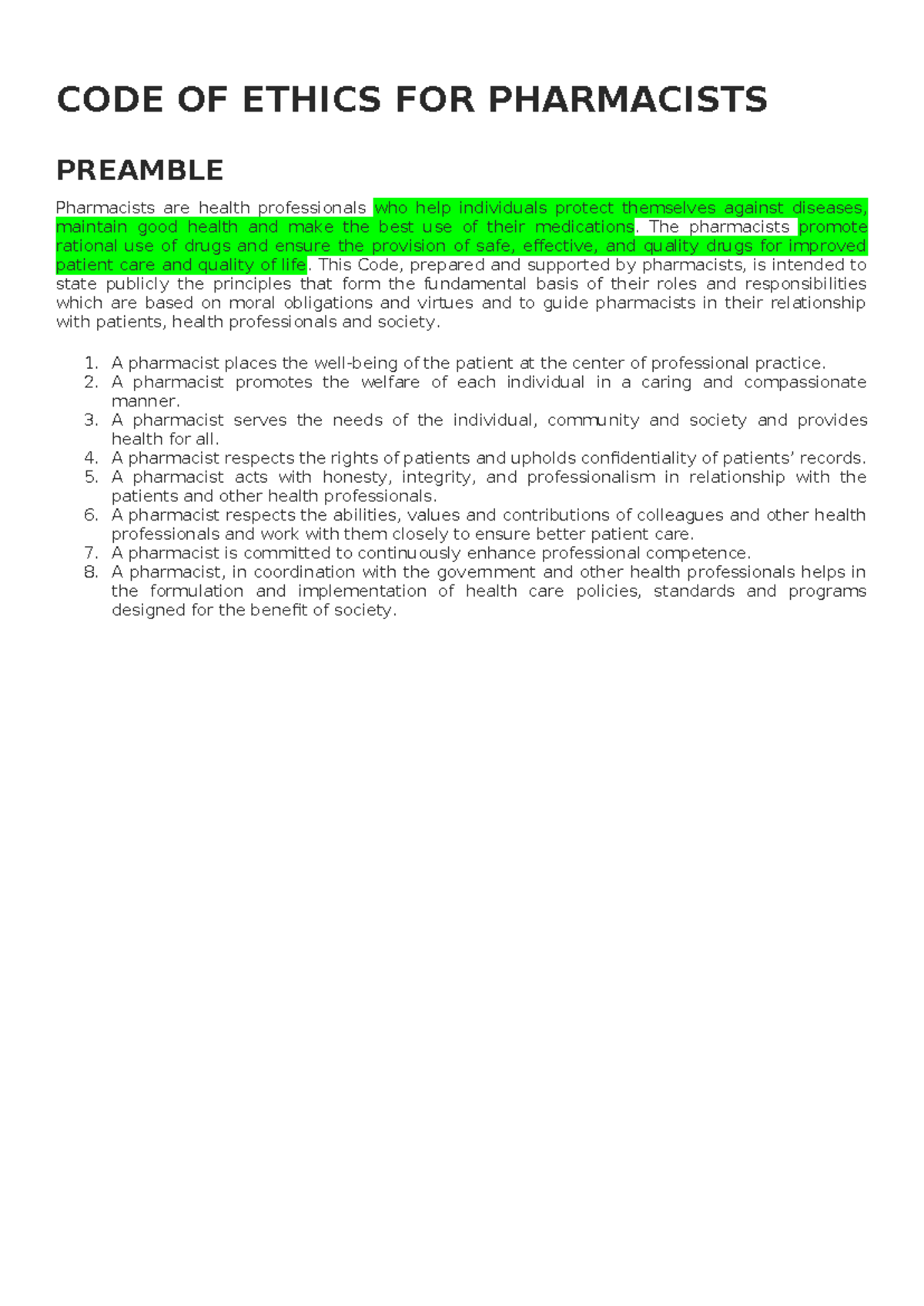 Module 6 - Code of Ethics for Pharmacists (PPh A) - Studocu