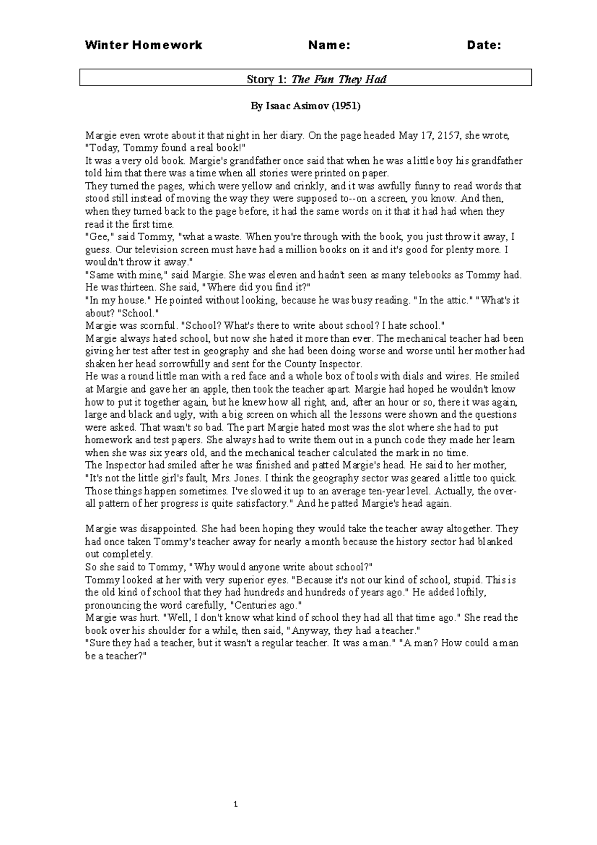 Winter Homework: Analysis & Writing Tasks on "The Fun They Had" - Studocu