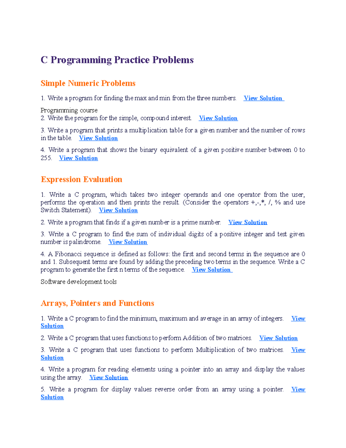 C Programming Practice Problems: Numeric, Strings, and More - Studocu