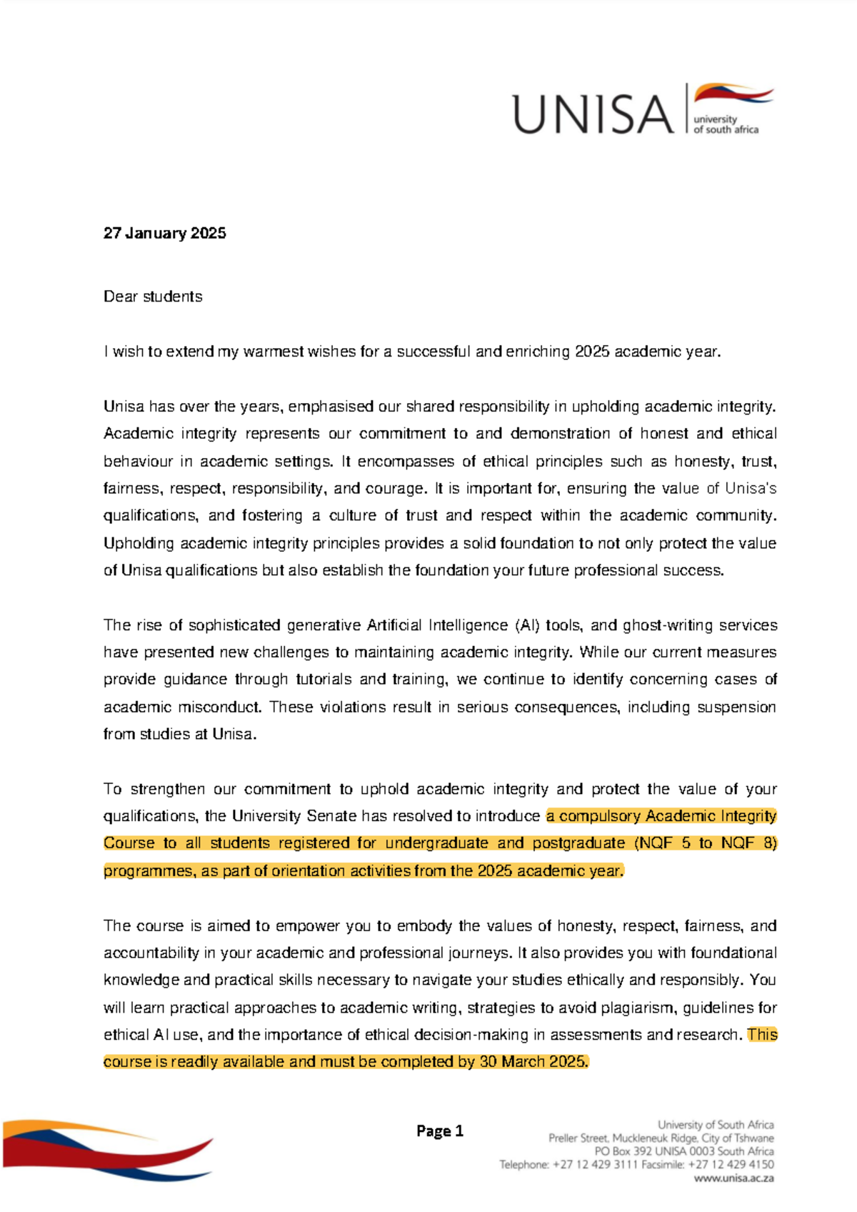 Academic Integrity Course Student Communication - Page 1 27 January ...